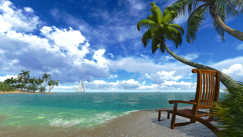 Palm Trees And Deckchair On A Tropical Beach. Animated Clouds In The ... Palm Trees And Deckchair On A Tropical Beach. Animated Clouds In The ...