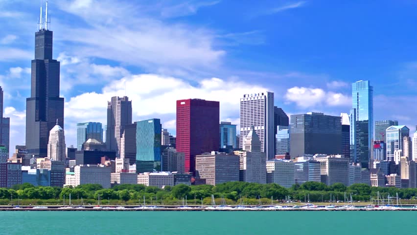 Chicago Skyline On A Beautiful Sunny Day Tilt Up From Water