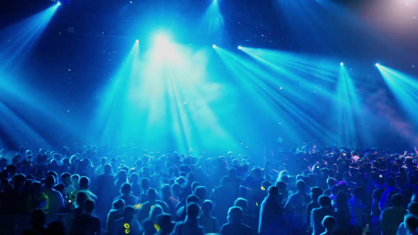 Crowd At Rave Party, People Dance In Blue Light Of Projectors Stock ...