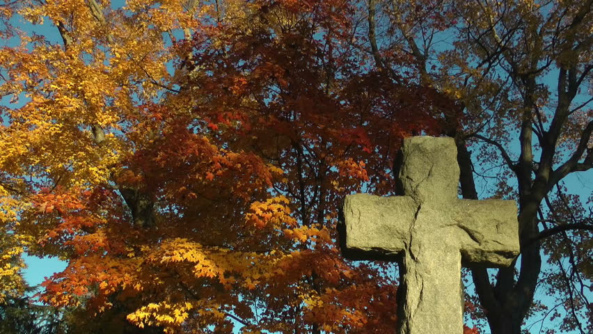 Closeup Of Cross Gravestone With Beautiful Fall Foliage Stock Footage ...