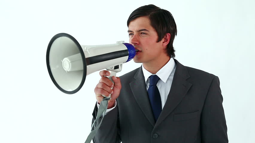 Happy Man Using A Megaphone Against A White Background Stock Footage ...