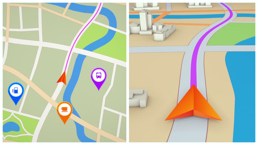 GPS Road Map Animation Loop. Following A Vehicle Along A Route Marked ...