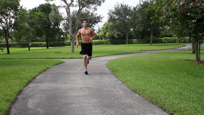 Athletic Man Running In Park. No Shirt. Stock Footage Video 4392926 ...
