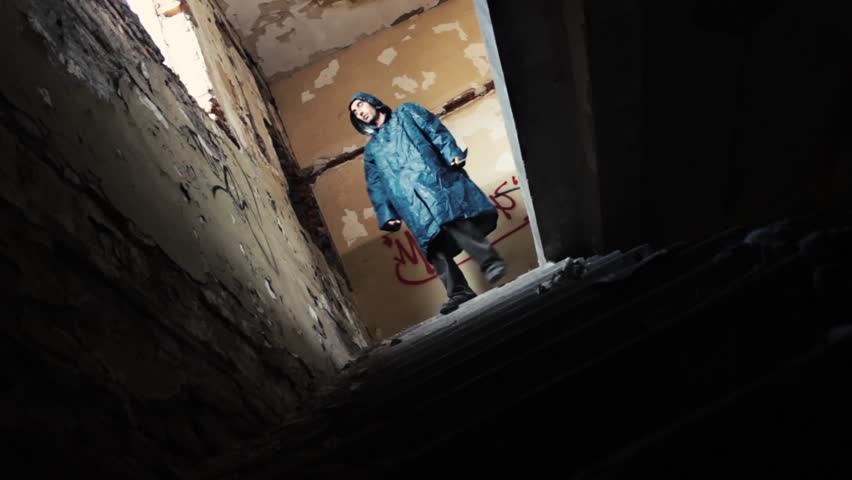 Horror Scene, Masked Killer With Machete Chasing A Girl In Abandoned ...