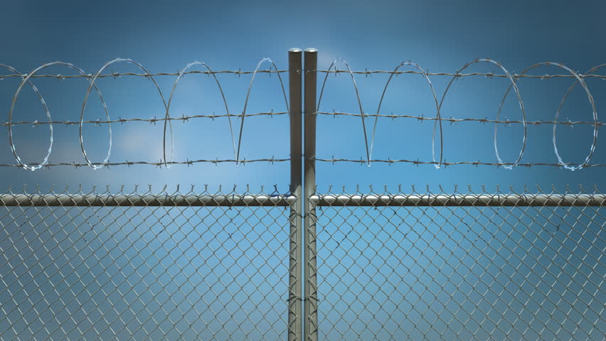Barbed Wire Fence Gate Opens. Blue Sky In The Background. Includes ...