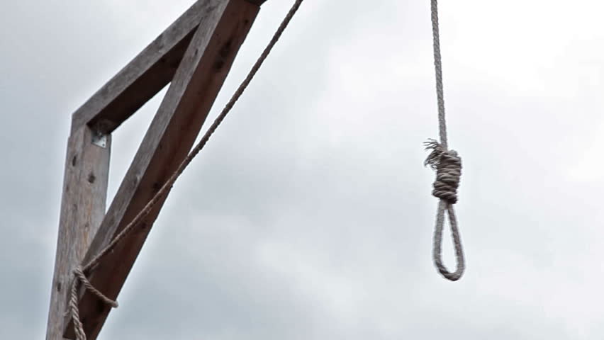 Wooden Gallows With Swinging Noose Rope Against Cloud Sky Stock Footage ...